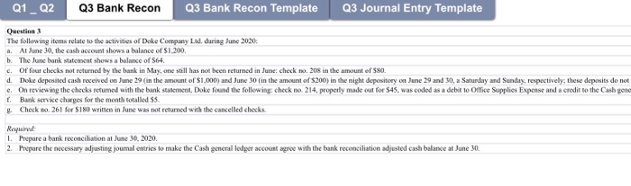 Solved Q1_Q2 Q3 Bank Recon Q3 Bank Recon Template Q3 Journal | Chegg.com