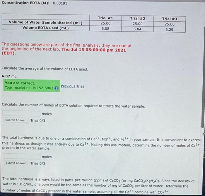 Solved Concentration EDTA (M): 0.00191 Volume of Water | Chegg.com