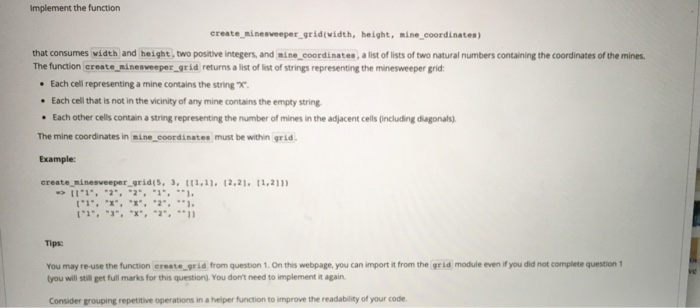 Solved Implement The Function Create Minesweeper Grid Width