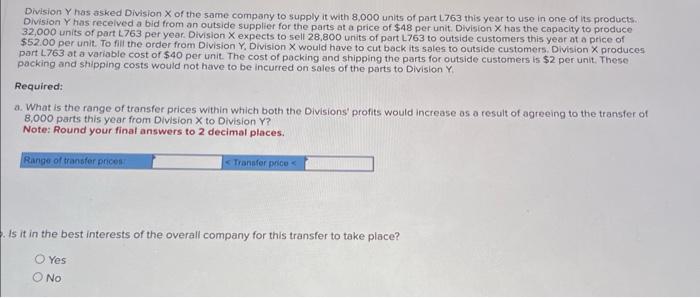 Solved Division Y has asked Division X of the same company | Chegg.com