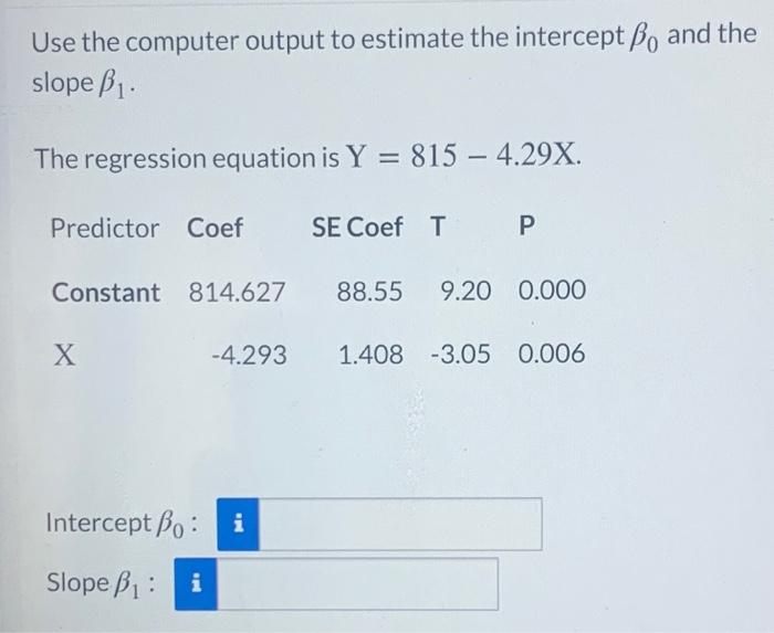Solved Use the computer output to estimate the intercept Bo | Chegg.com