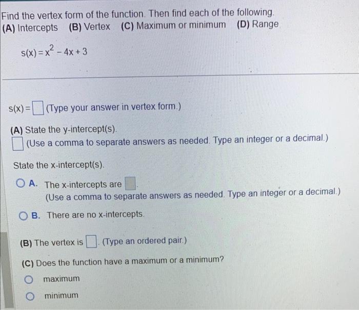 Solved Find the vertex form of the function. Then find each | Chegg.com