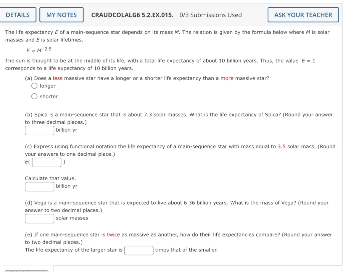 Solved The life expectancy E ﻿of a main-sequence star | Chegg.com