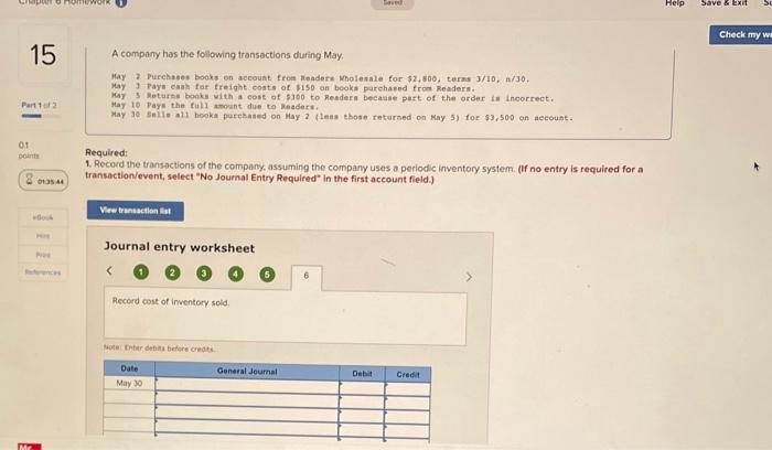 Solved Help Save Exit Check my we 15 A company has the | Chegg.com