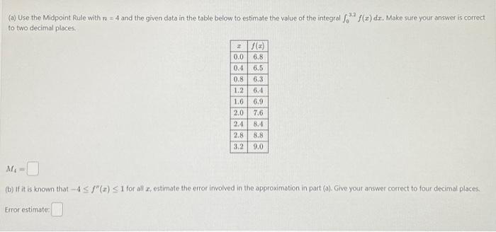 Solved (a) Use the Midpoint Rule with n=4 and the given data | Chegg.com