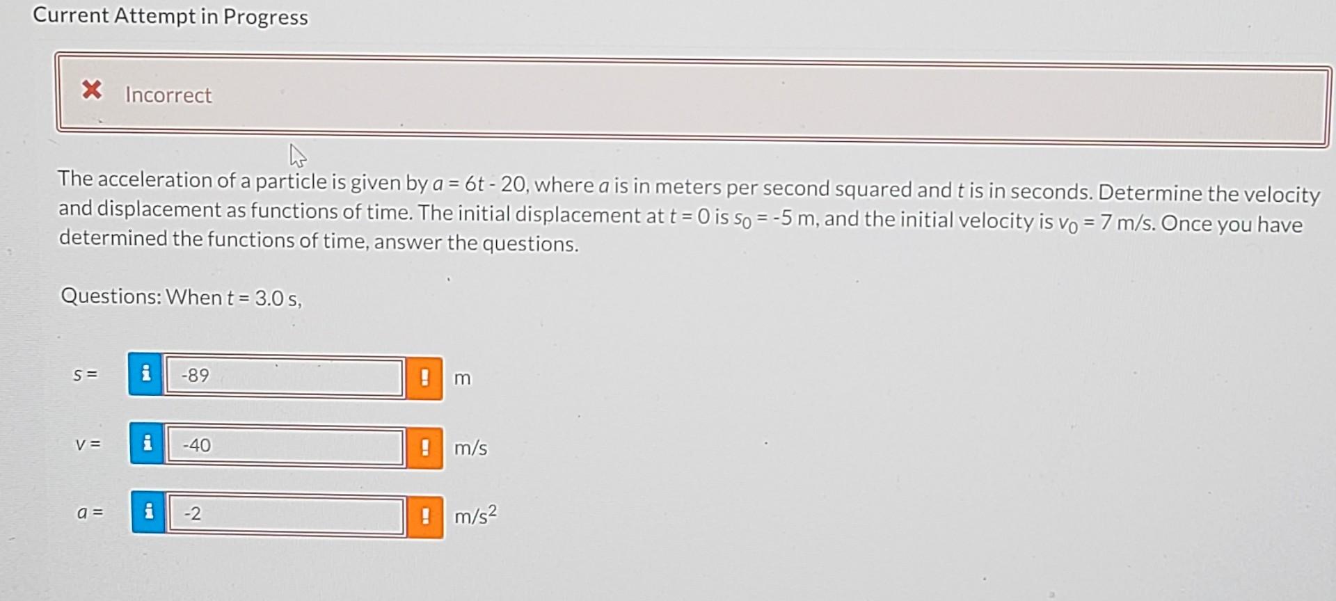 Solved The Acceleration Of A Particle Is Given By A 6t−20