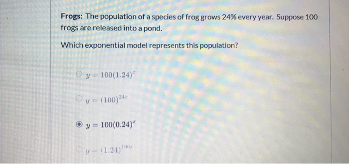 Solved Frogs: The population of a species of frog grows 24% | Chegg.com