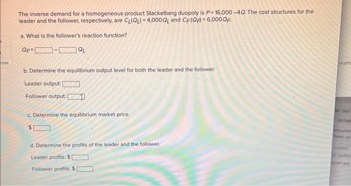 Solved The inverse demand for a homogeneous-product | Chegg.com