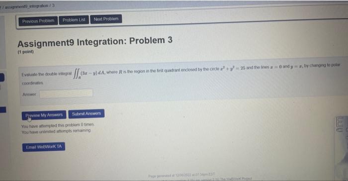 Solved Assignment9 Integration: Problem 3 (1 point) conor | Chegg.com