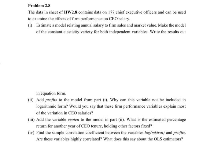 Solved Problem 2.8 The data in sheet of HW2.8 contains data | Chegg.com