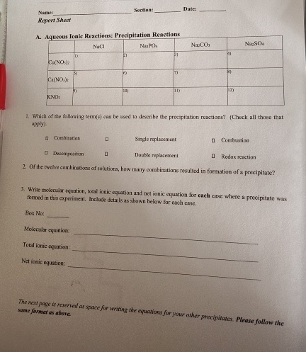 Solved Report ShectA. ﻿Aqueous Ionic Reactions: | Chegg.com