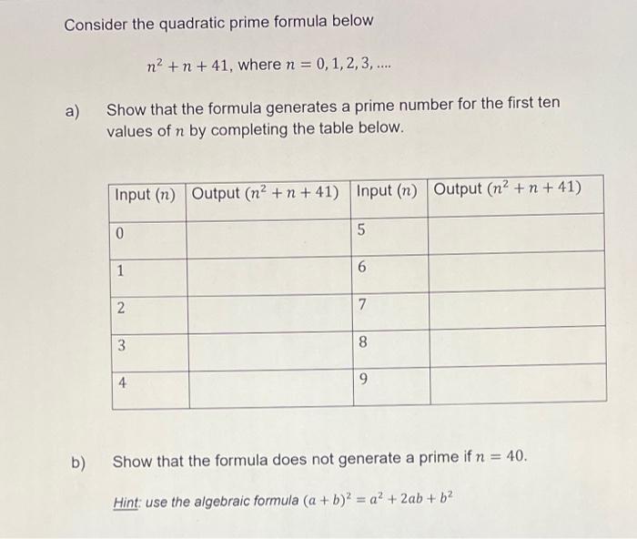 Solved Consider the quadratic prime formula below n2+n+41, | Chegg.com