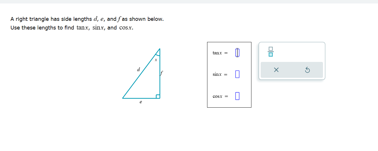 Solved A right triangle has side lengths d,e, ﻿and f ﻿as | Chegg.com