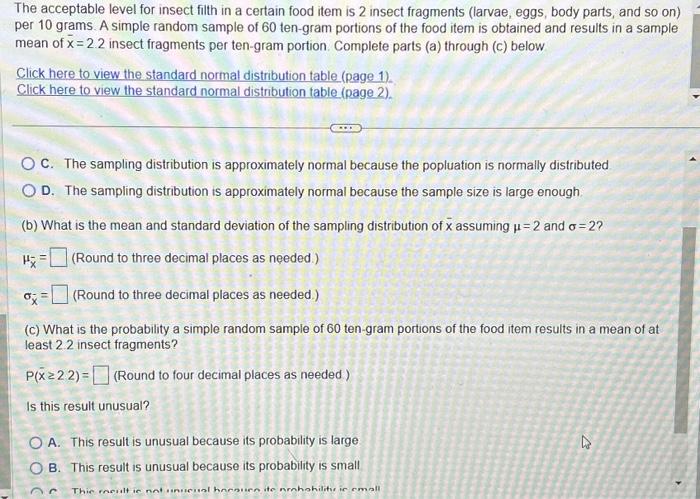 Solved The acceptable level for insect filth in a certain | Chegg.com