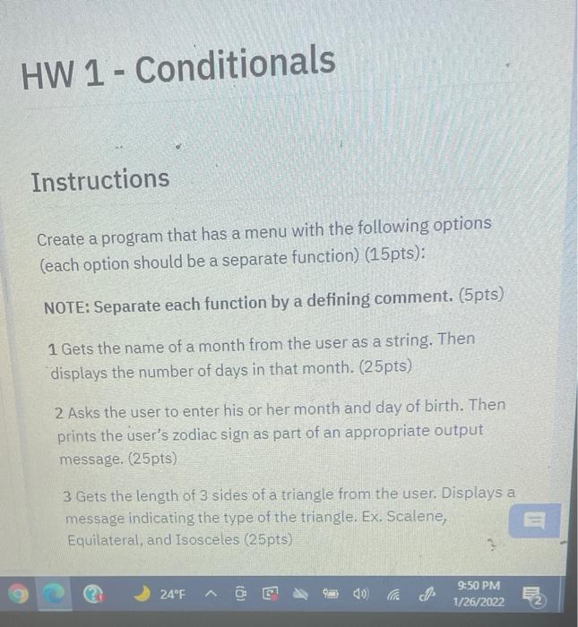Solved HW 1 - Conditionals Instructions Create a program | Chegg.com