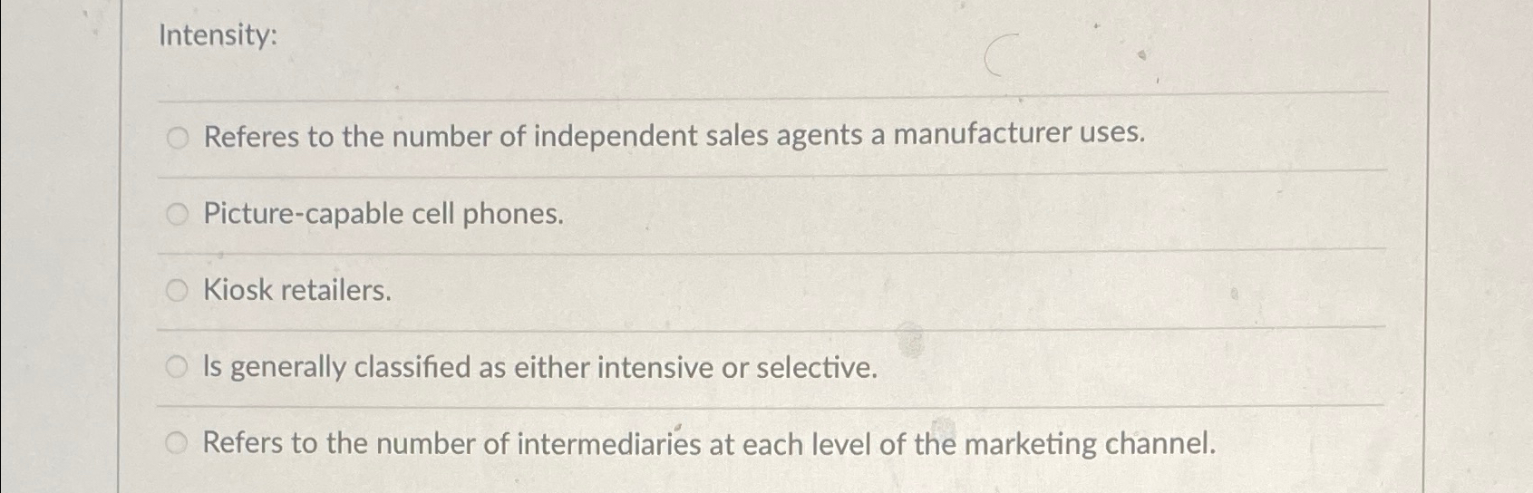 Solved Intensity:Referes to the number of independent sales | Chegg.com