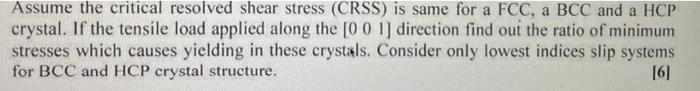 Solved Assume the critical resolved shear stress (CRSS) is | Chegg.com