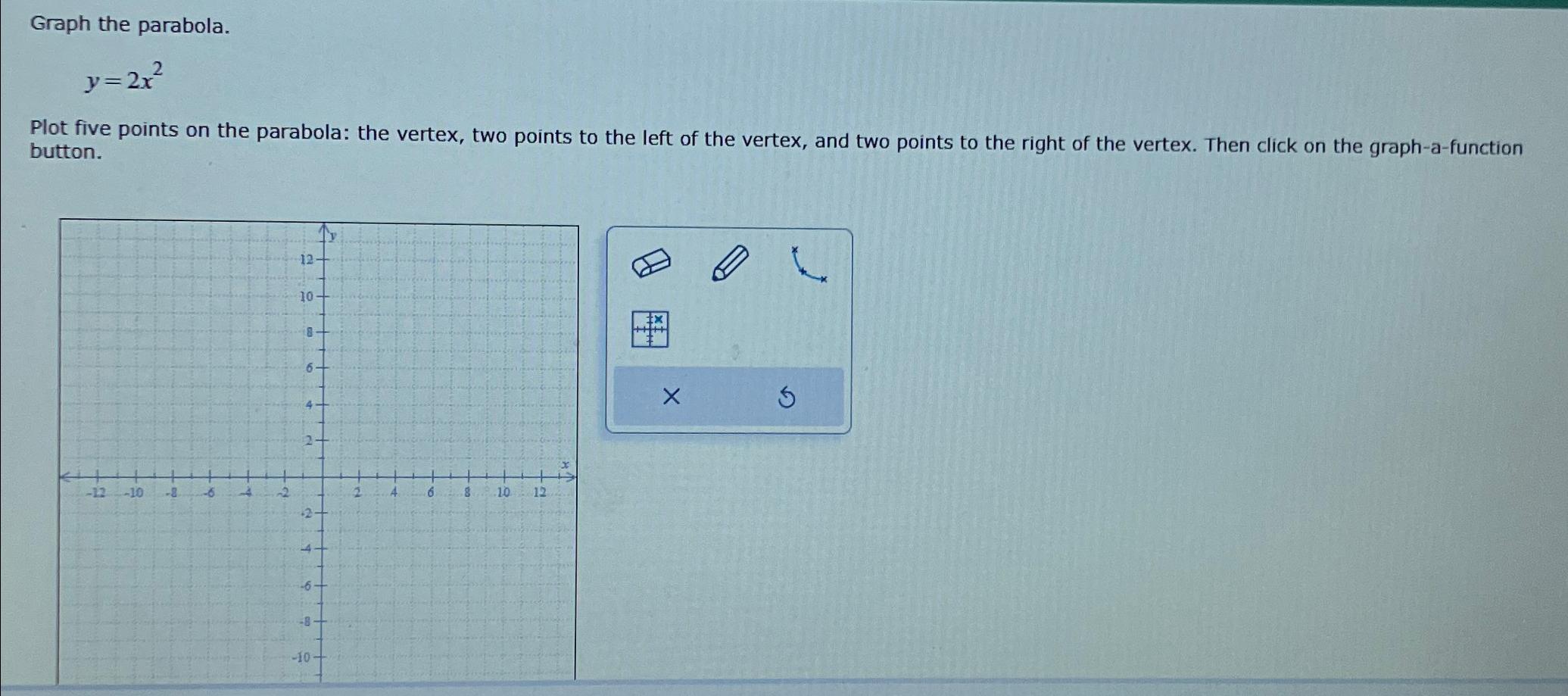 Solved Graph the parabola.y=2x2Plot five points on the | Chegg.com