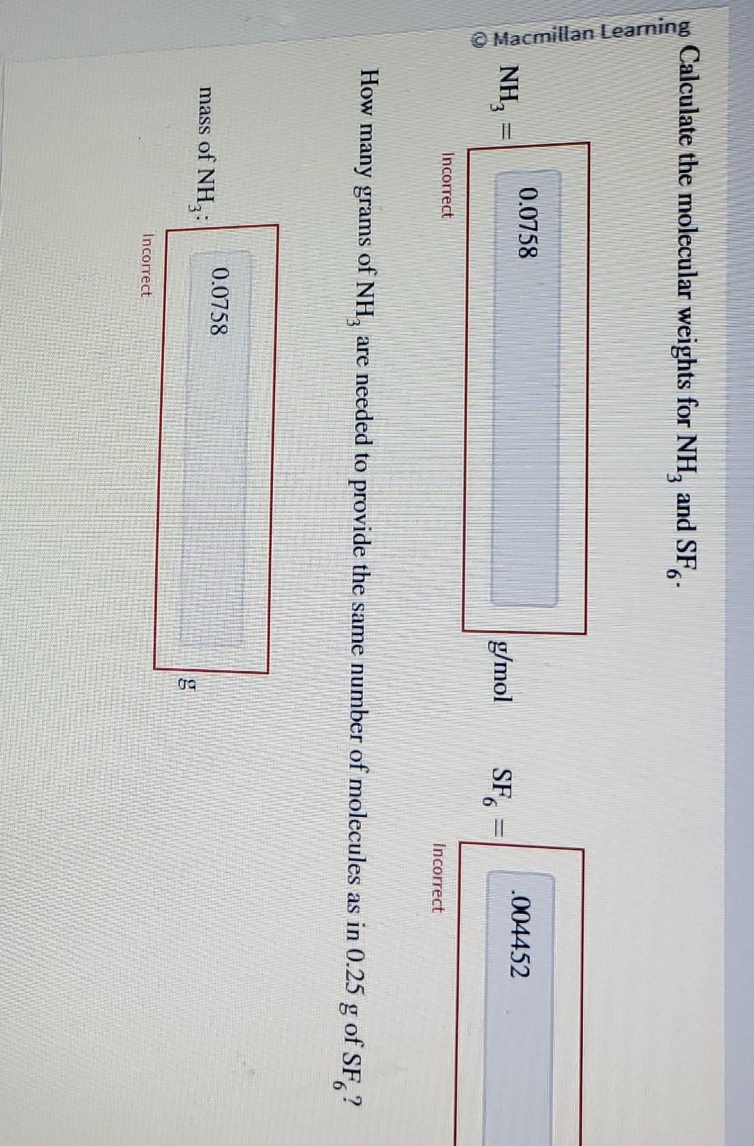 Solved Calculate the molecular weights for NH3 and SF6. How | Chegg.com
