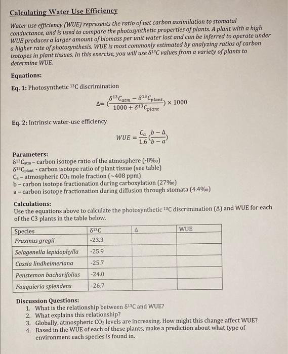 Solved Calculating Water Use Efficiency Water use efficiency | Chegg.com