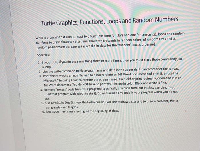Solved Turtle Graphics, Functions, Loops and Random Numbers | Chegg.com