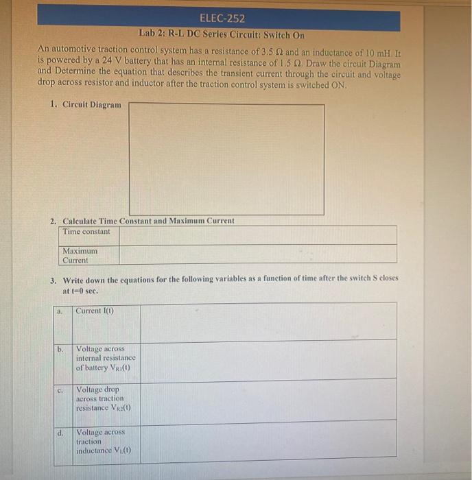 Solved ELEC-252 Lab 2: R-L DC Series Circuit: Switch On An | Chegg.com