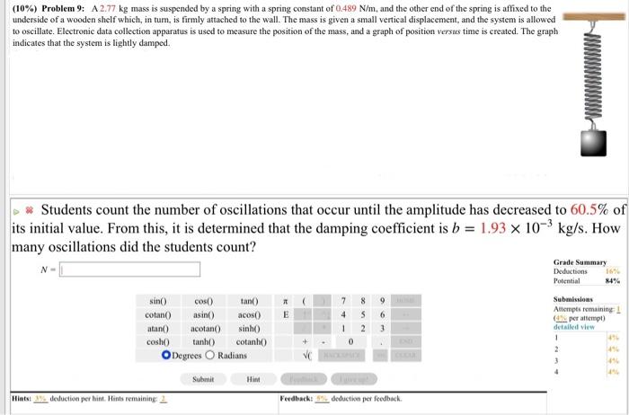 Solved (10\%) Problem 9: A 2.77. kg mass is suspended by a | Chegg.com