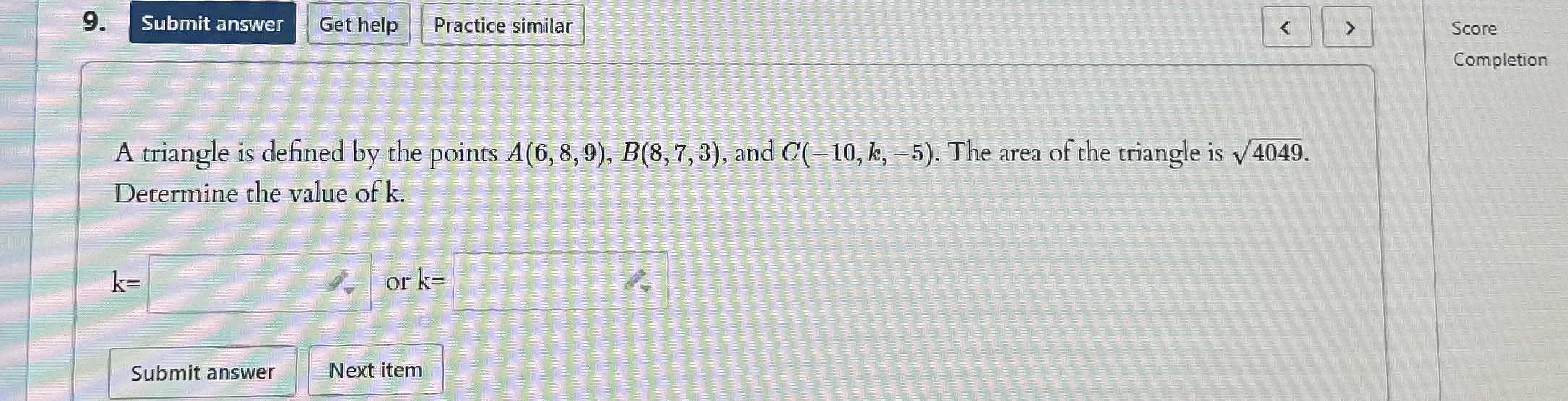 Solved ScoreA triangle is defined by the points | Chegg.com