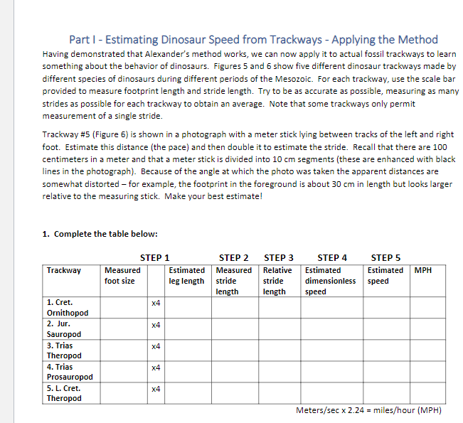 Solved Part I - ﻿Estimating Dinosaur Speed from Trackways - | Chegg.com