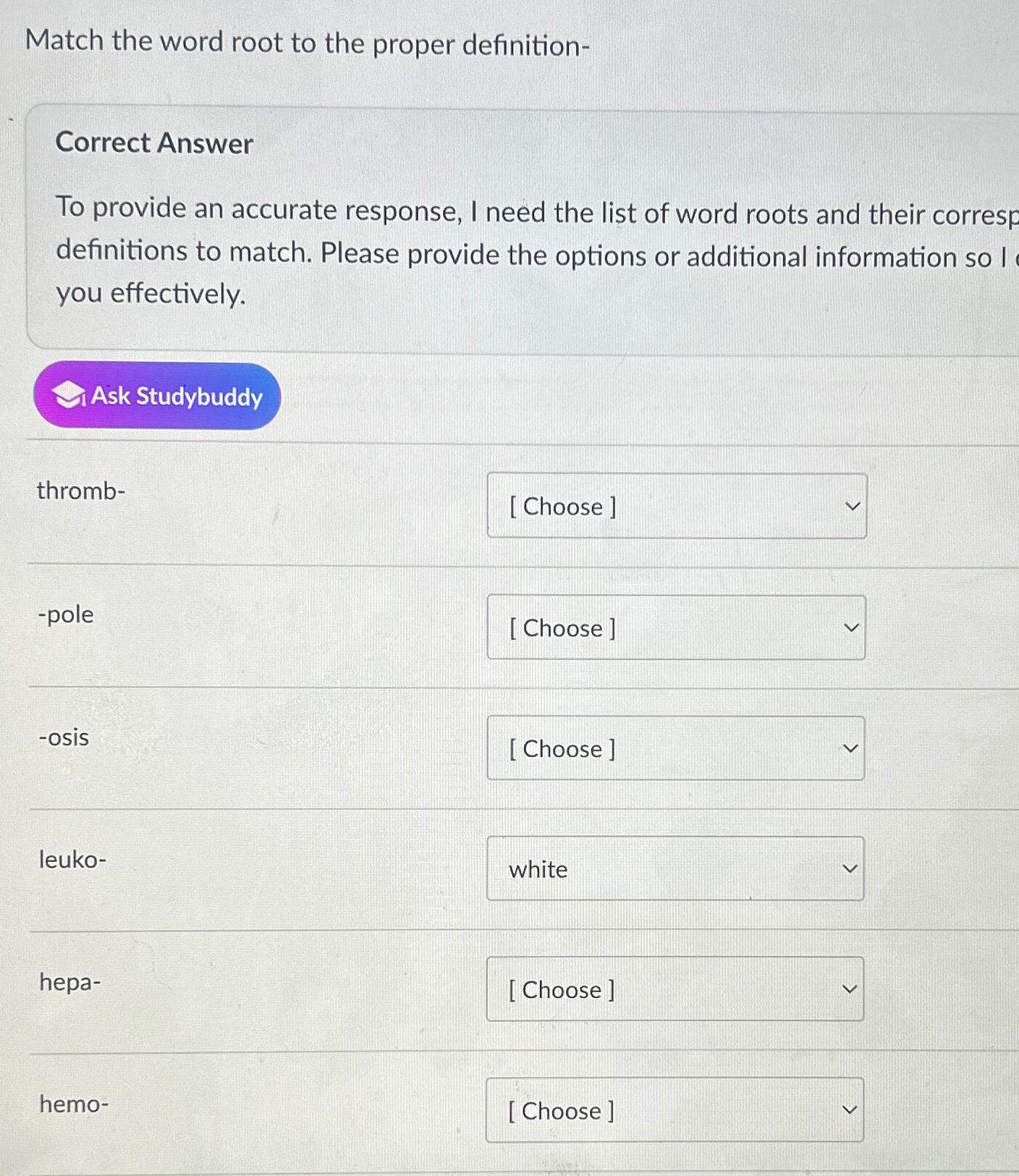 Solved Match the word root to the proper definition-Correct | Chegg.com