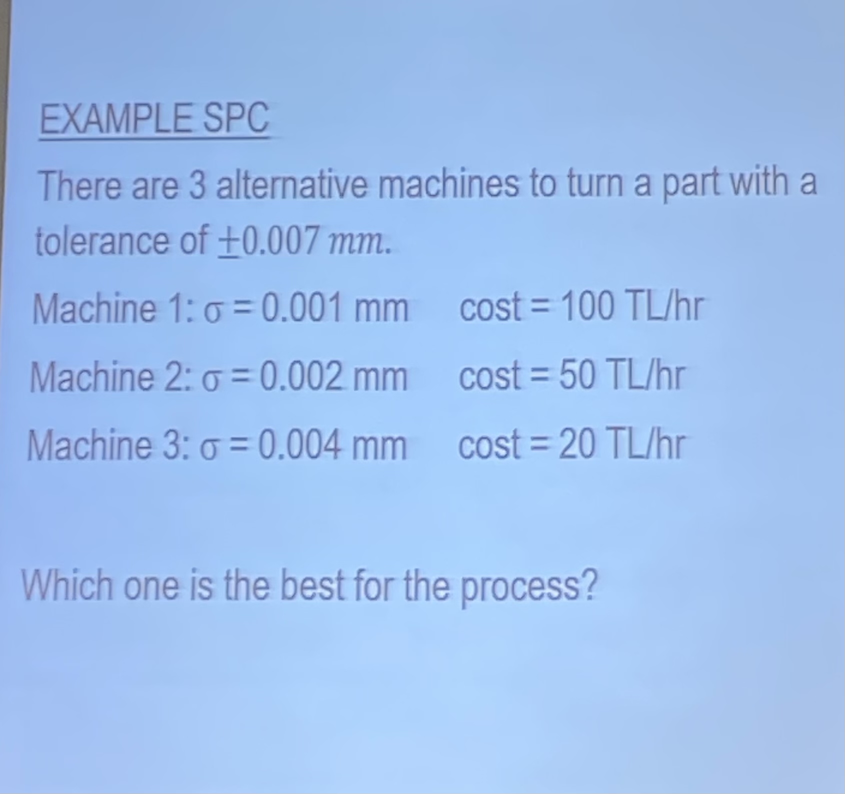 Solved EXAMPLE SPCThere are 3 ﻿alternative machines to turn | Chegg.com