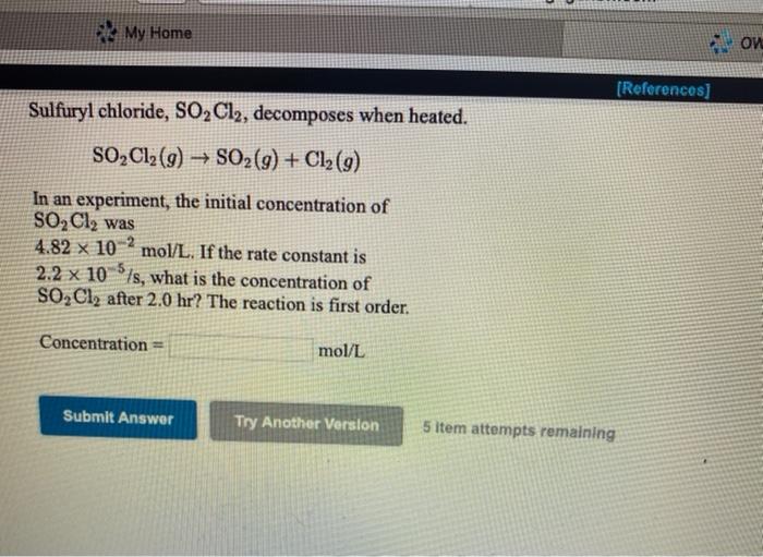 Solved My Home on (References] Sulfuryl chloride, SO2Cl2, | Chegg.com