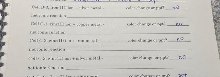 Solved Cell B-3. iron(III) ion + silver metal - color change | Chegg.com