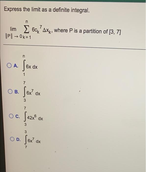 Solved Express the limit as a definite integral. n 7 lim | Chegg.com