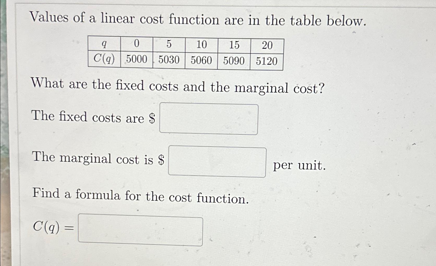 Solved Values of a linear cost function are in the table | Chegg.com