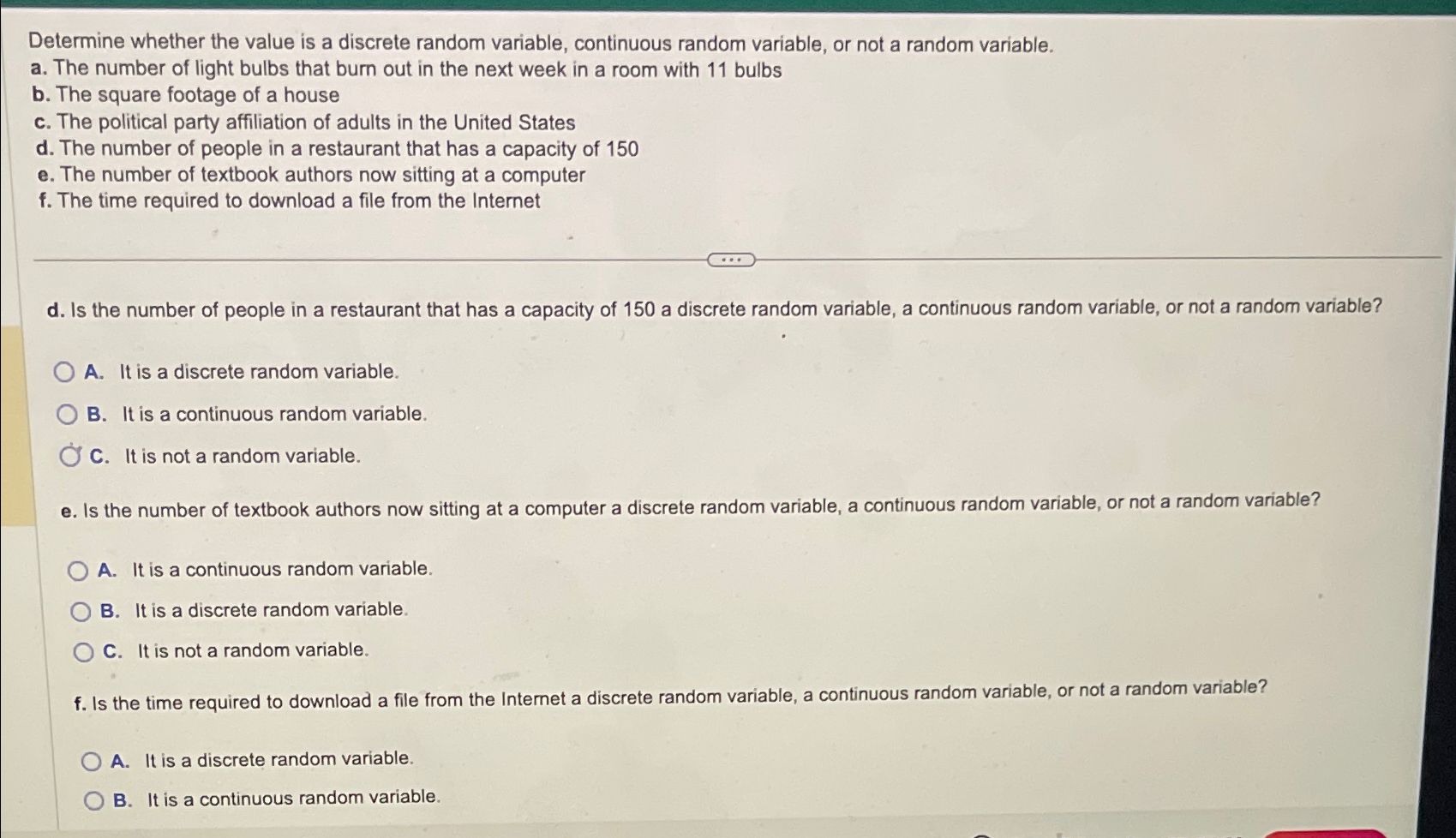 Solved Determine whether the value is a discrete random | Chegg.com