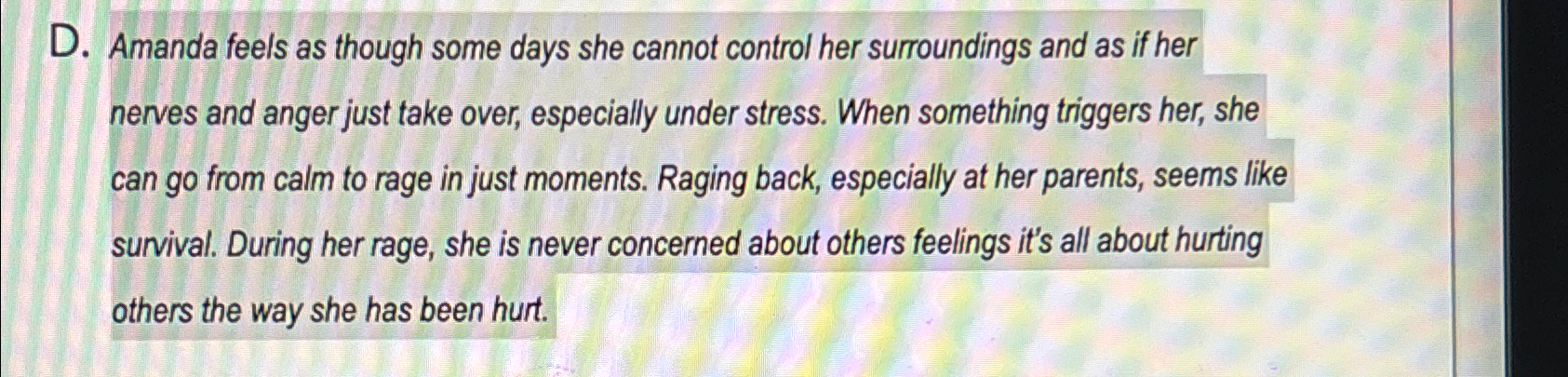 Solved D. ﻿Amanda feels as though some days she cannot | Chegg.com