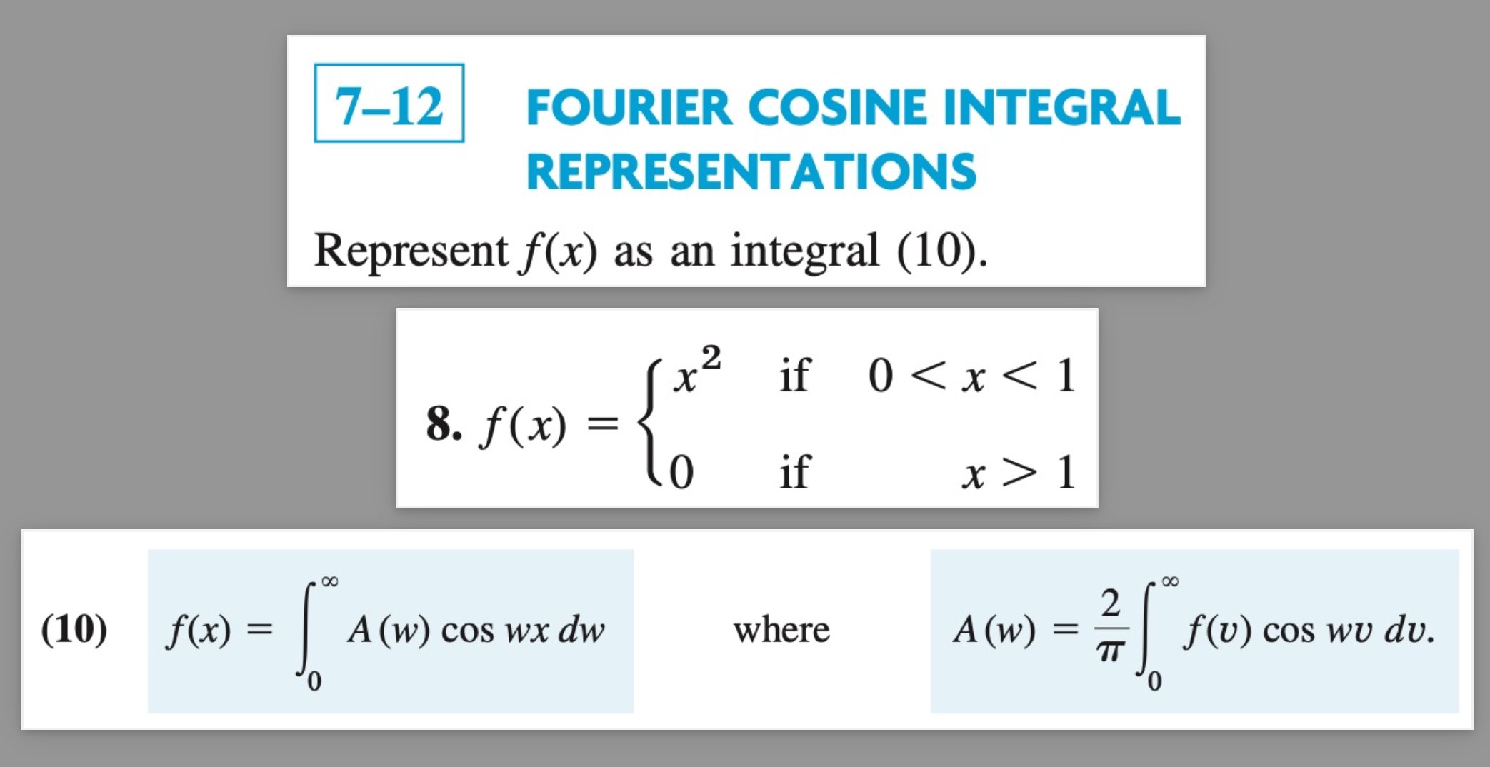 Solved 7-12 ﻿FOURIER COSINE INTEGRALREPRESENTATIONSRepresent | Chegg.com