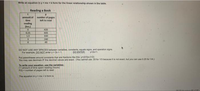 Solved Write an equation in y mx + b form for the linear | Chegg.com