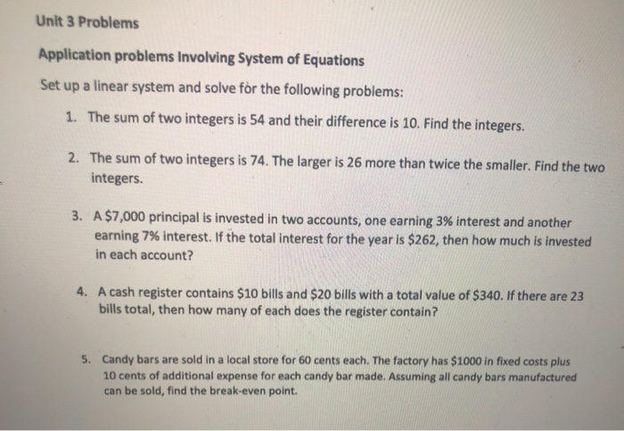 Solved Unit 3 Problems Application problems involving System | Chegg.com
