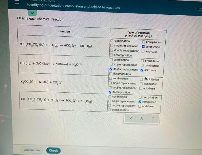 Solved Identifying precipitation, combustion and acid-base | Chegg.com
