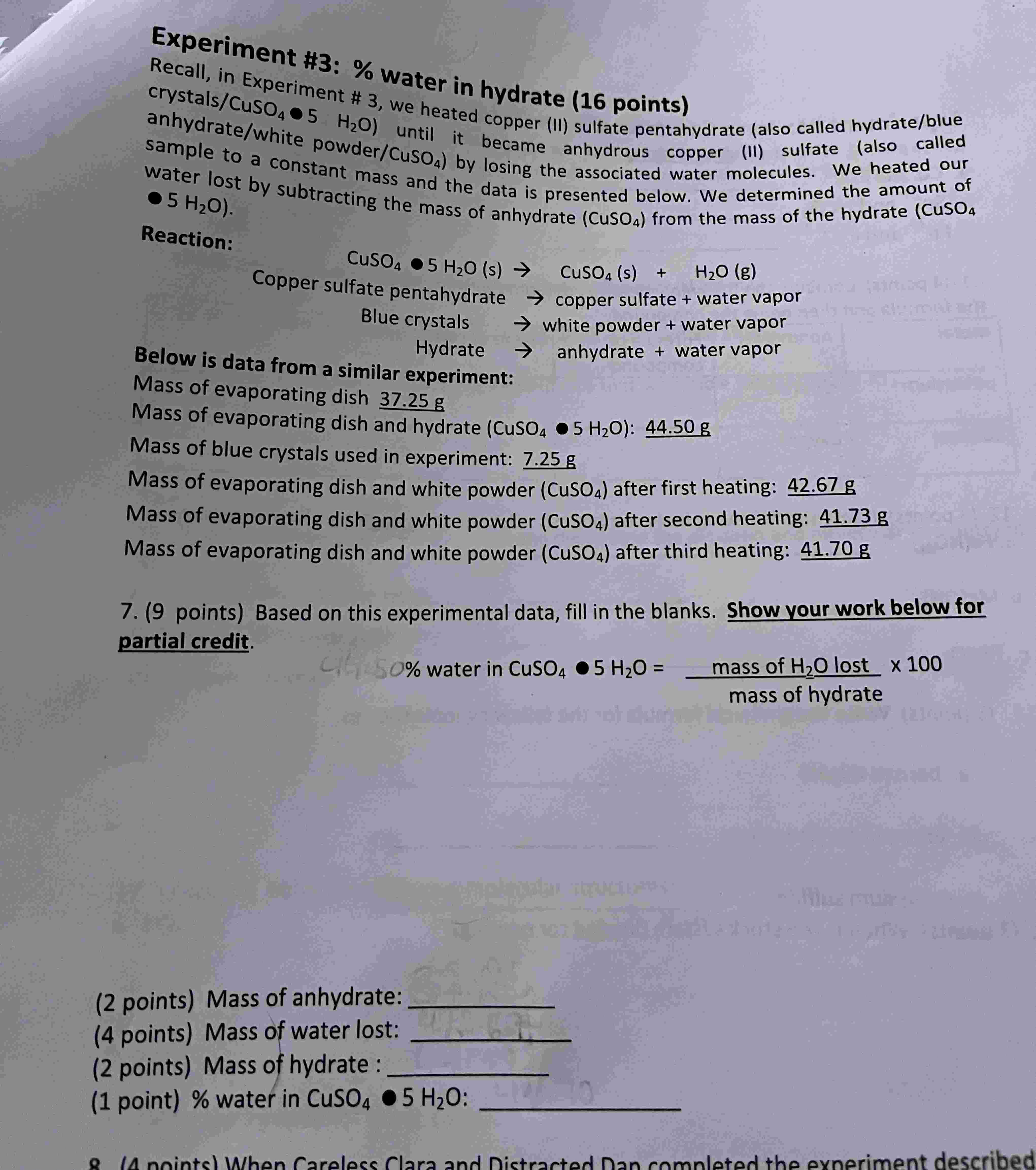 Solved Experiment #3: % ﻿water in ﻿hydrate ( 16 | Chegg.com