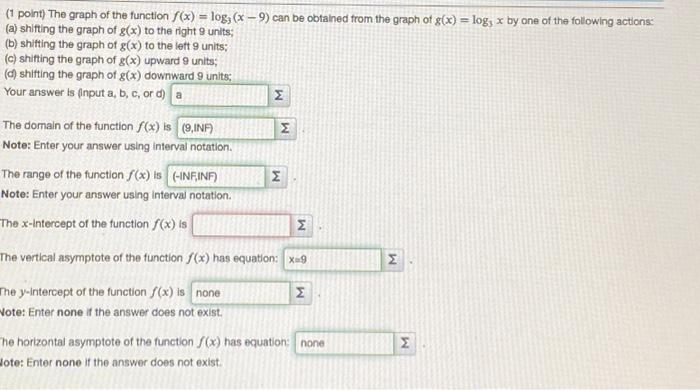 Solved (1 point) The graph of the function f(x) = log2 (x - | Chegg.com