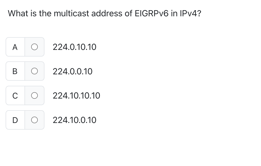 Solved What is the multicast address of EIGRPv6 ﻿in IPv4?A | Chegg.com