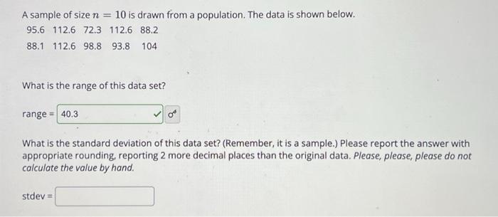 Solved A sample of size n=10 is drawn from a population. The | Chegg.com