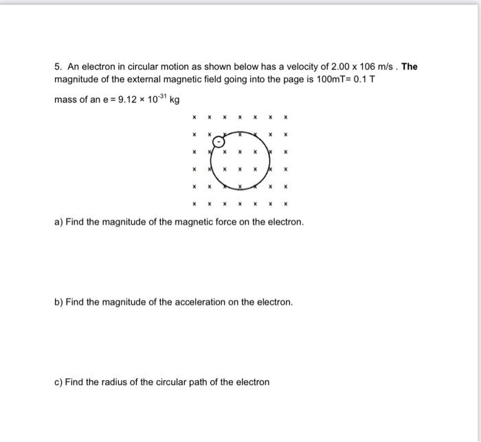 Solved 5. An electron in circular motion as shown below has | Chegg.com