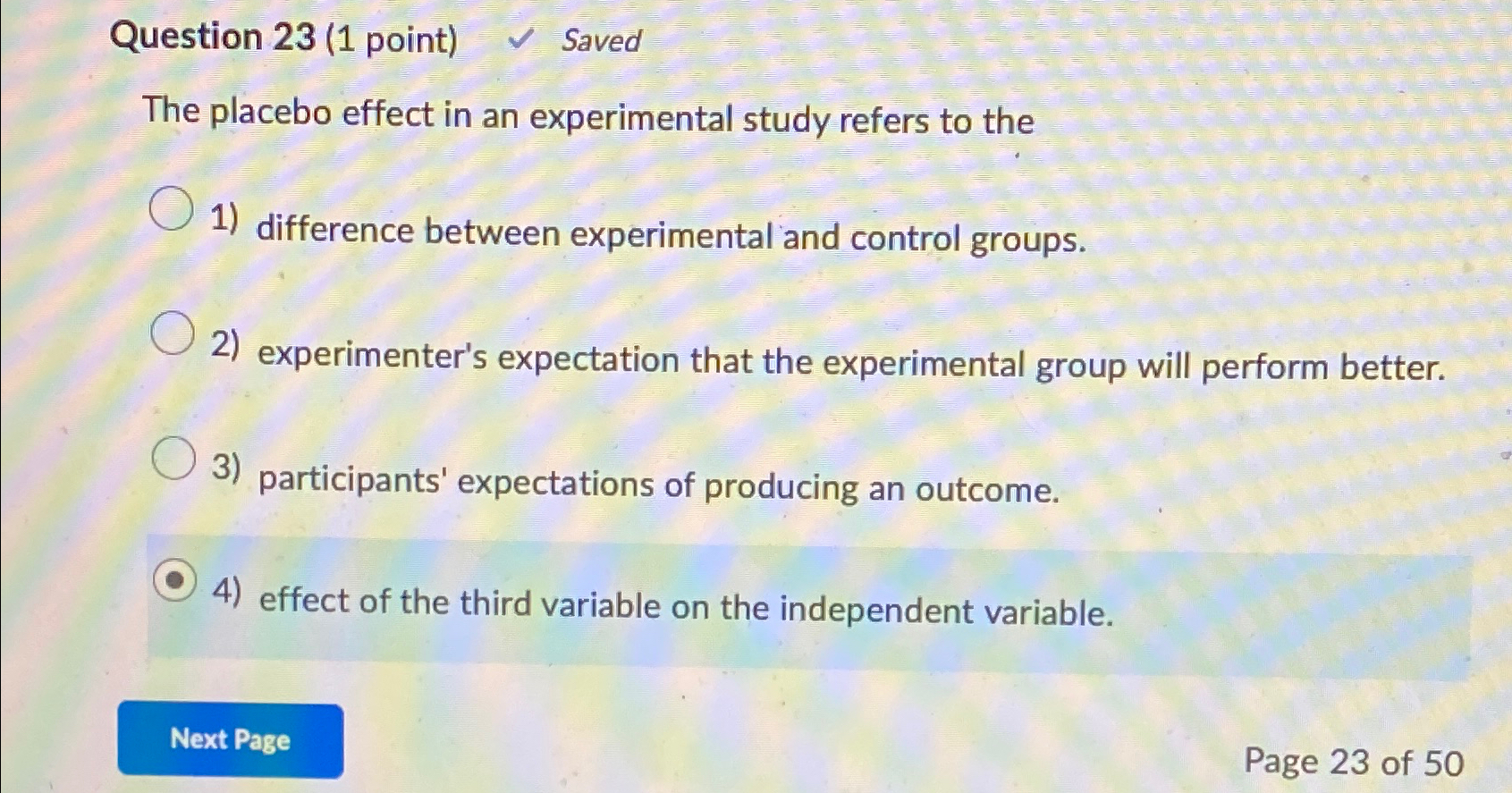 Solved Question 23 (1 ﻿point) ﻿SavedThe placebo effect in | Chegg.com
