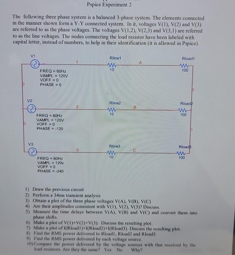 Solved Pspice Experiment 2 The following three phase system | Chegg.com