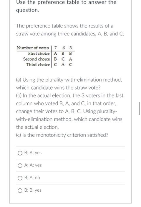 Solved Use the preference table to answer the question. The | Chegg.com