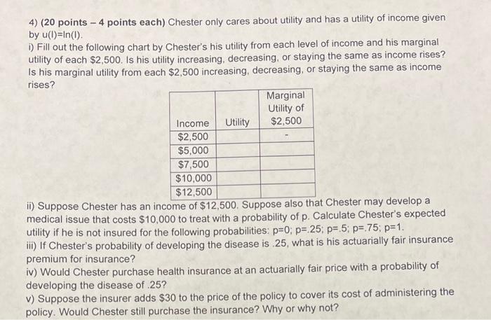 Solved 4) (20 points −4 points each) Chester only cares | Chegg.com Solved 4) (20 points −4 points each) Chester only cares | Chegg.com